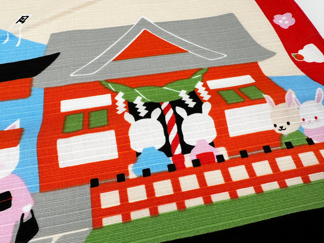 Japanese shrine and Mt. Fuji with Rabbits Furoshiki traditional Japane ...